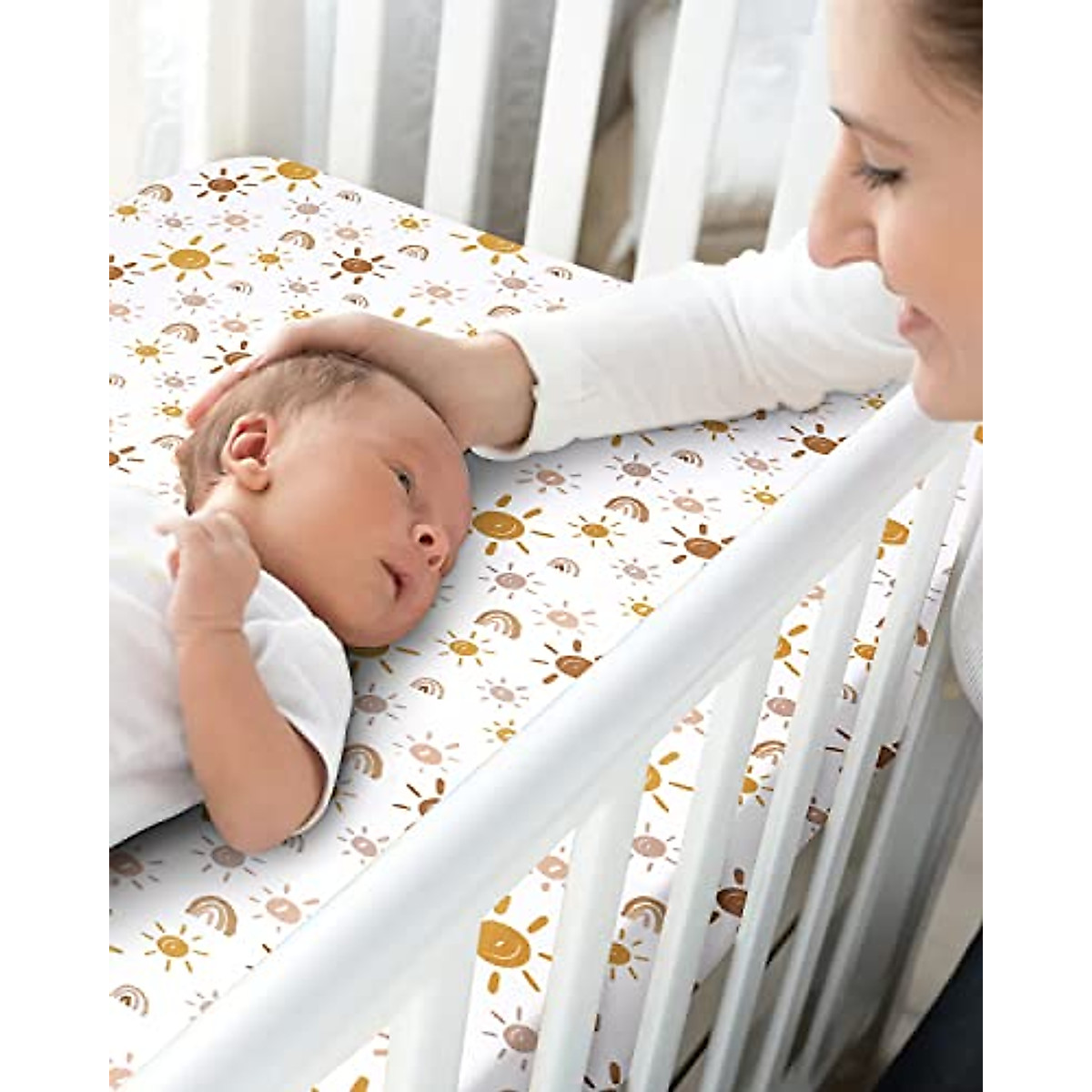 Babebay Fitted Crib Sheets for Boys and Girls, Baby Crib Sheet Neutral for Standard Crib Mattress & Toddler Bed Mattress, Soft and Safe Jersey Knit Cotton, 2 Pack (Rainbow and Sun)