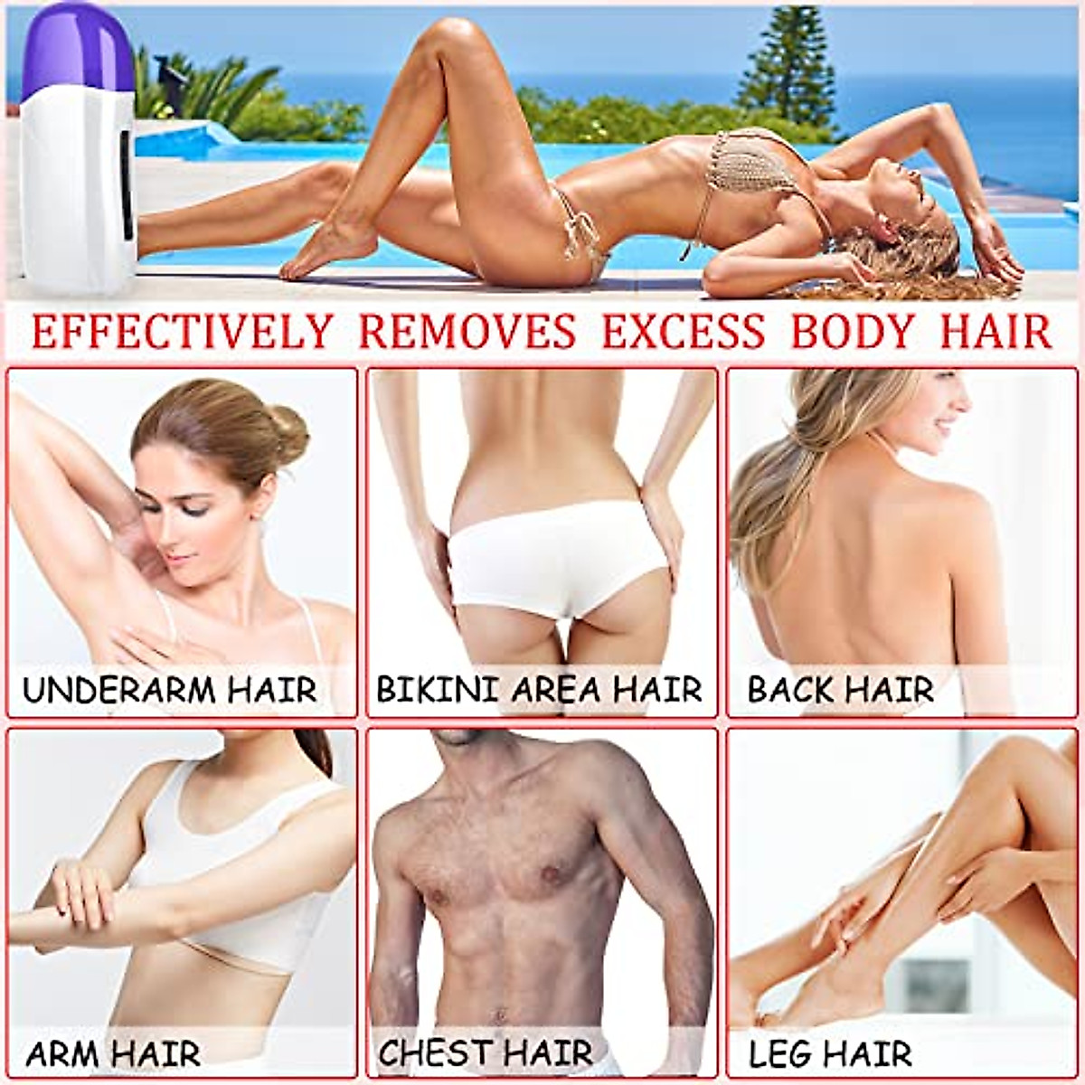 Roll on Wax,Roller Waxing Kit Including 2 Wax,100 Non-Woven Wax Strips & Blue Roll on Wax,6 packs of de-greasing wipes,Wax Kit for Larger Areas of the Body(blue)