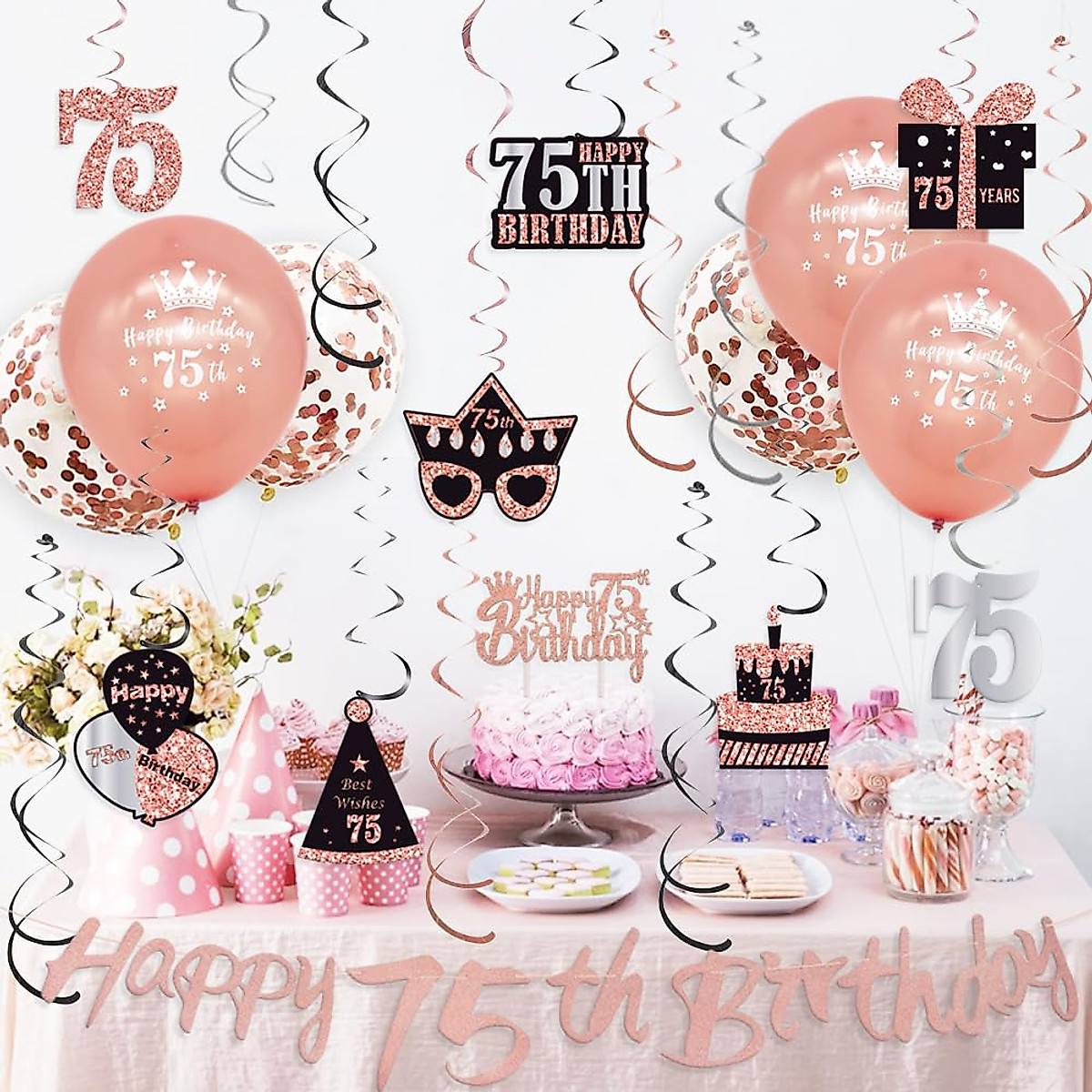 WOJOGO 75th Birthday Decorations for Women, Rose Gold 75 Birthday Decorations For Women, Happy 75th Birthday Banner Hanging Swirls Birthday Cake Topper Balloons Decor Kit for Party Supplies
