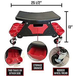 GLOSSONLY Heavy Duty Car Detailing Creeper Seat, Garage Mobile Rolling Mechanic/Car Wash Stool with Storage Trays and Premium Wheels and Casters