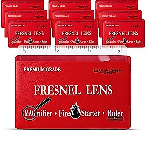 Fresnel Lens 4X Magnifier Pocket Wallet Credit Card Size • Ruler - Unbreakable Plastic for Home Office Classroom & Outdoor EDC Survival Kit Bushcraft (10 Pack Ruler/Magnifier - Red)