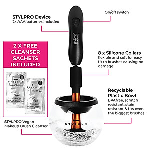 STYLPRO Electric Make-up Brush Cleaner & Dryer - Cleans and dries thoroughly in 30 seconds with gentle centrifugal technology. Suitable for all brush sizes, incl. vegan cleaner.