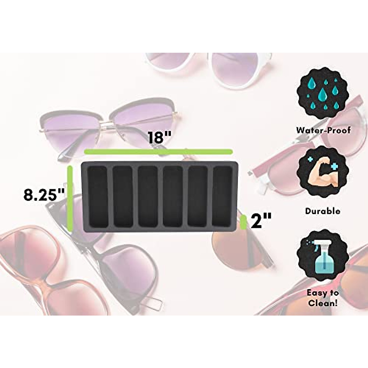 Polar Whale Sunglasses Drawer Organizer Tray Insert for Home Bedroom Bathroom Vanity Dresser Counter Table Waterproof Washable Black Foam 6 Compartment 8.25 x 18 Inches