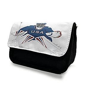 Lunarable Sports Pencil Case, USA Hockey Goalie Protection, Fabric Pen Pencil Bag with Double Zipper, 8.5" x 5.5", Burgundy Blue White