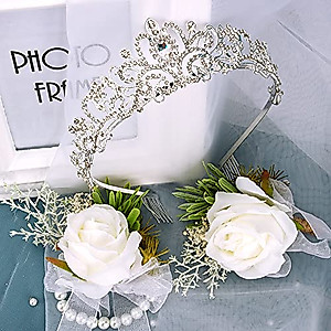 AOPRIE Corsage and Boutonniere Set Tear Drop Gemstone Tiara and Crown for Women Bride Flower Wristlet Band Bracelet of Wedding Accessories Man Suit Decorations Favor Gift