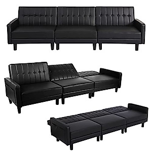 VUYUYU 107/'' Futon Sofa Couch Bed, Faux Leather 3-Seater Couches for Living Room, Mid-Century Modern Tufted Convertible Recliner Sleeper Small Space with Armrest/Side Pockets, Black-3 Seater