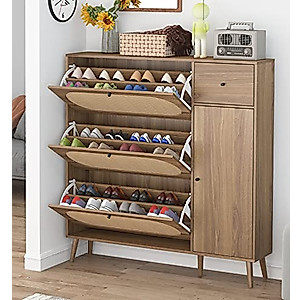 Henf Rattan Shoe Cabinet,Shoes Storage Cabinet with 3 Flip Drawers & Boot Rack,Freestanding Modern Shoes Organizer with Wood Legs, Entryway Shoe Rack Cabinet for Heels,Boots,Slippers (Wood Grain)