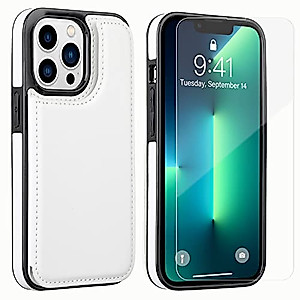 JOYAKI Wallet Case Compatible with iPhone 13 Pro Max,Slim Protective case with Card Holder,PU Leather Kickstand Card Slots Case with a Free Screen Protective Glass for iPhone 13 Promax(6.7")-White