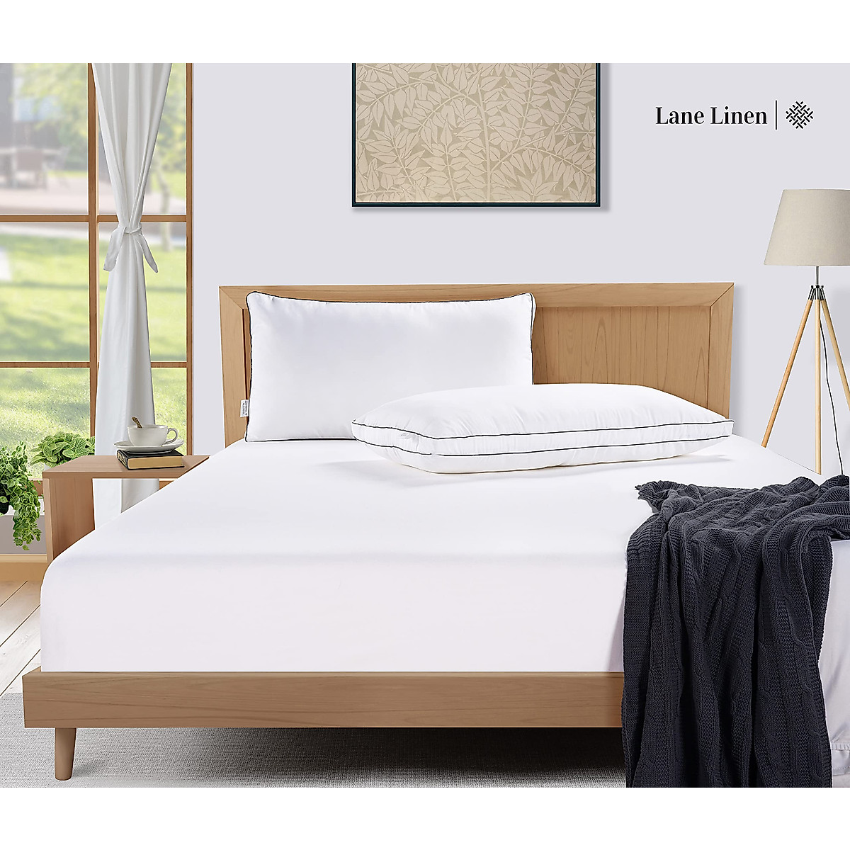 LANE LINEN Gusseted Soft Bed Pillows Standard Size Set of 2 for Sleeping, Back, Stomach or Side Sleepers, Down Alternative, White - 20 x 26 Inches