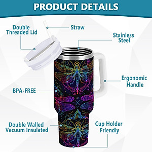 Emelivor Boho Dragonflies 40 oz Tumbler with Lid and Straw Insulated Tumblers with Handle Thermal Stainless Travel Coffee Mug Cup Water Bottle Fits in Car Cup Holder