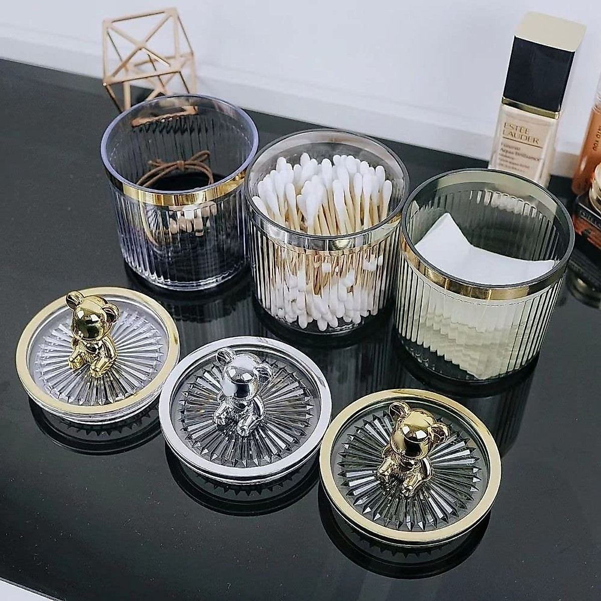 gofidin 2 Pcs Cotton Swab Holder, Luxury Bear Cotton Pad Organizer Bathroom Storage Box For Cotton Swabs Toothpick Cosmetics Jewelry Makeup Remover Pad Container