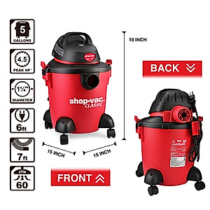 Shop-Vac 5 Gallon 4.5 Peak HP Wet/Dry Vacuum, Portable Heavy-Duty Shop Vacuum 3 in 1 Function with Attachments for House, Garage, Car & Workshop, 5971536