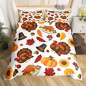 Thanksgiving Decor Bedding Duvet Cover Set Full Size Cute Turkey Bedding Set for Kids Decor Fall Pumpkin Comforter Cover Set Microfiber Pumpkin Maple Leaf Bedspread Cover Bedroom Bedclothes