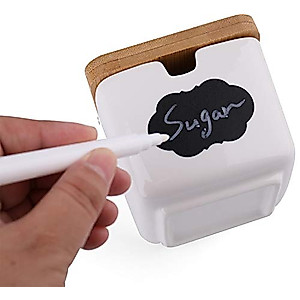 Lawei 3 Pack Ceramic Spice Jar with Lid and Spoon, Square Porcelain Condiment Jar Salt and Pepper Containers with Wooden Tray, White Pottery Cruet Pot for Sugar Bowls, Serving Tea, Coffee, Spice, Home