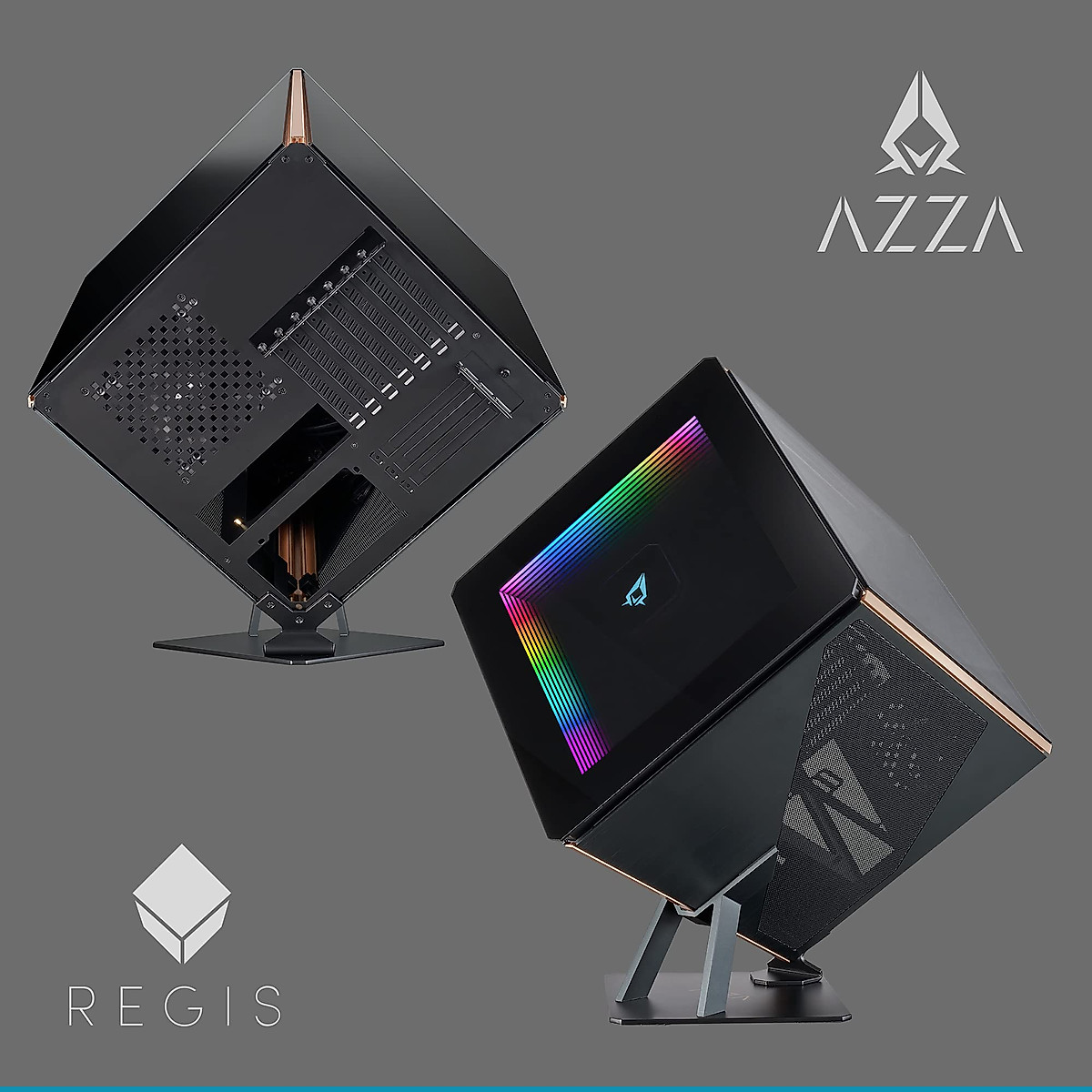 AZZA Regis 902 - Luxury Cube Case | Infinity RGB Panel | 3-Sided Tempered Glass | CNC Milled Aluminum Stand