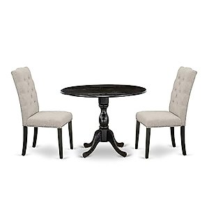 East West Furniture DMEL3-ABK-35 3 Piece Dinette Set for Small Spaces Contains a Round Dining Table with Dropleaf and 2 Doeskin Linen Fabric Parsons Dining Chairs, 42x42 Inch, Wirebrushed Black