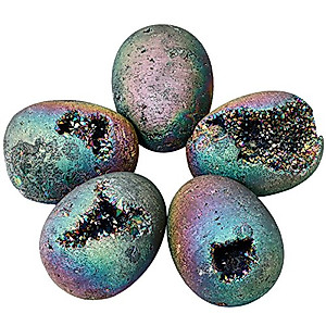 mookaitedecor Druzy Agate Geode Specimen, Rainbow Titanium Coated Quartz Crystal Egg Figurines with Wood Stand