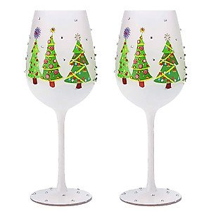 Winter Birthday Themed Stemmed Wine & Water Glasses - Set of 2 - Shining Holiday Red Green Yellow Silver, Holidays Parties Glassware - Xmas Tree - Set of 2, 17.5oz - New years Eve Festive Glass
