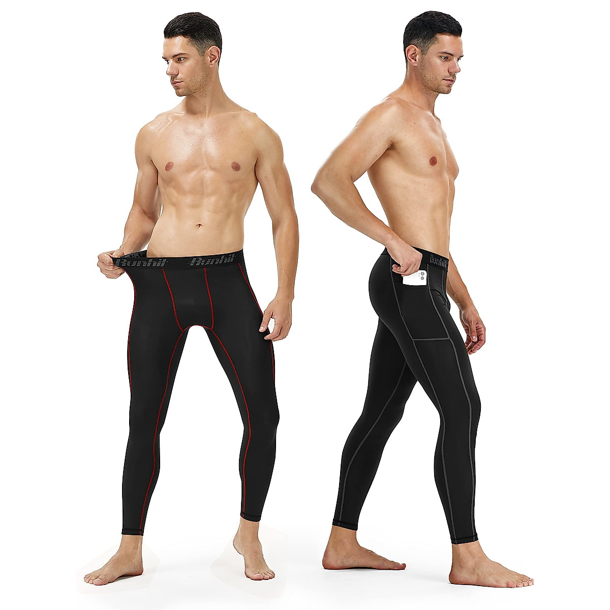 Runhit Mens Compression Pants Running Tight for Men Leggings with Pocket Workout Athletic Thermal Pants for Men Running Shorts Black Red 2 Pack Medium