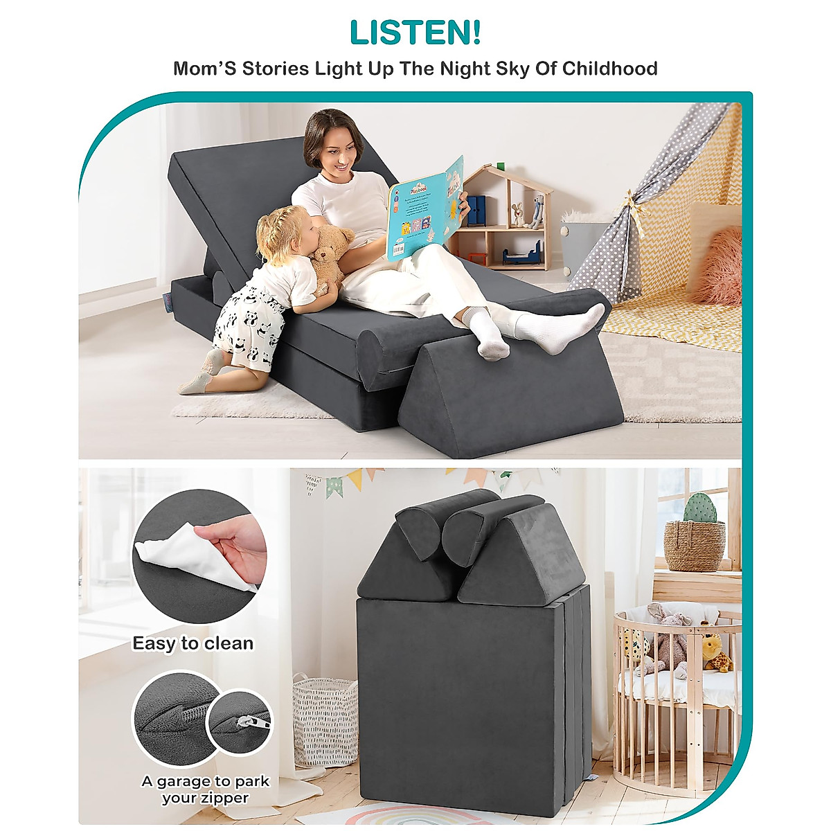 Kidirect Modular Kids Play Couch, K8 Imaginative Convertible Foam Play Couch for Kids and Toddlers, 350+ DIY Kid Couch for Playroom, Creative Toddler Play Couch Sofa, Child Sectional Sofa, Space Grey