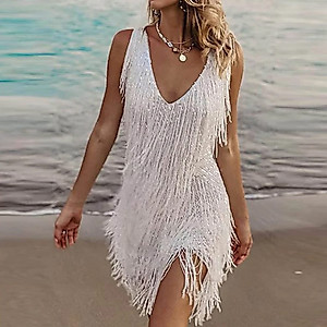 PETYCZEN Women's Tassel Dress Sexy Sleeveless Spaghetti Strap Backless 1920s Flapper Gatsby Mini Dress, Elegant Sparkly Fringe Tango Latin Dance Dress Cocktail Party Dresses(M-White,X-Large)
