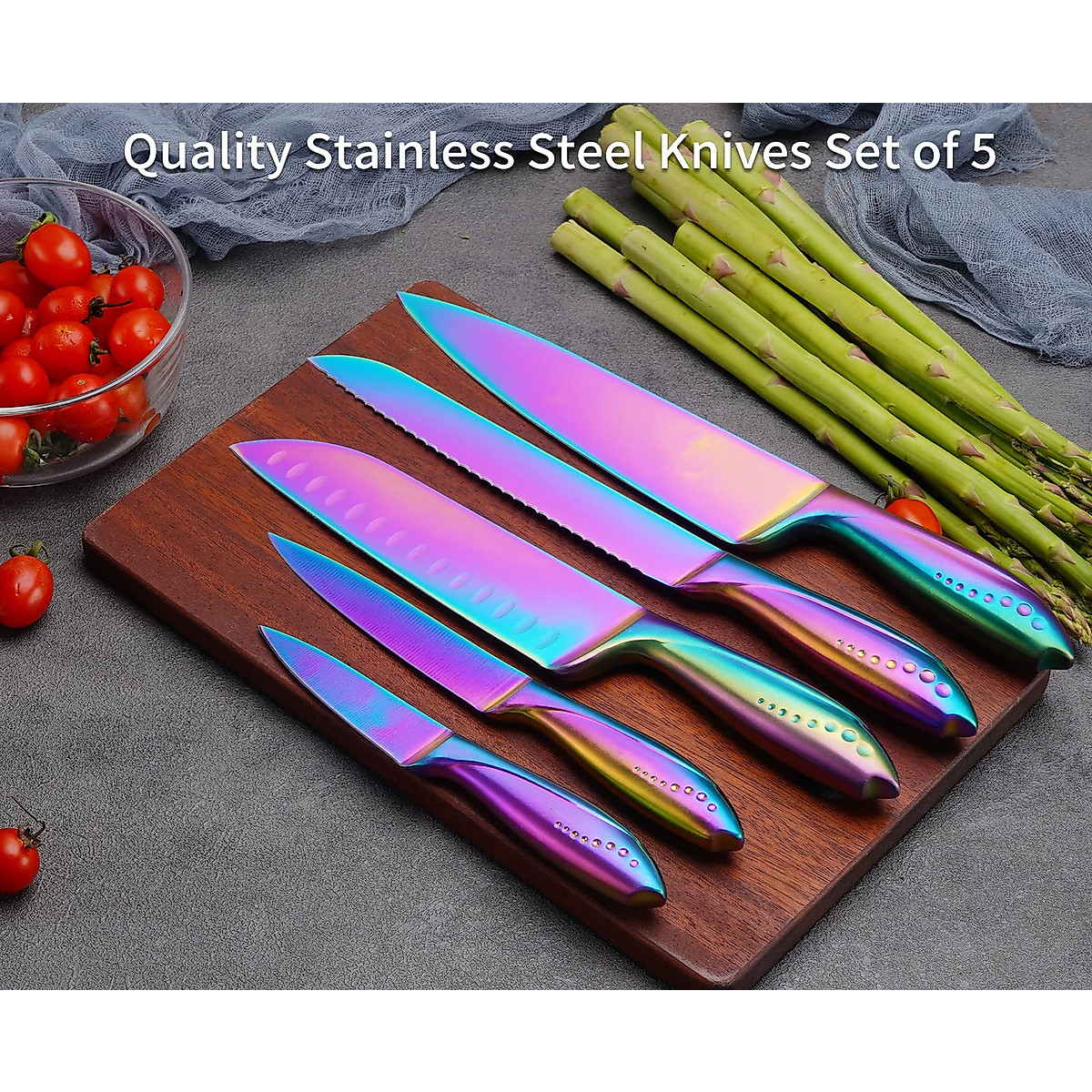 Hollory Rainbow Kitchen Knife Set 5 Piece, Super Sharp German Stainless Steel Blade with 8 in Chef, 8 in Bread, 7 in Santoku, 5 in Utility, 3.5 in Paring - Gift Box