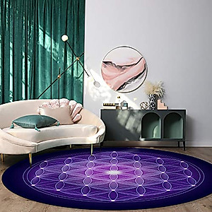AmbeHome Round Area Rugs Baby Cushion 6 ft, Modern Carpet Floor Cover Nursey Rugs for Kids Play Room/Living Room, Flower of Life with Stars Sacred Geometry Ancient Print, Sturdy Soft Kitchen Mat Rugs
