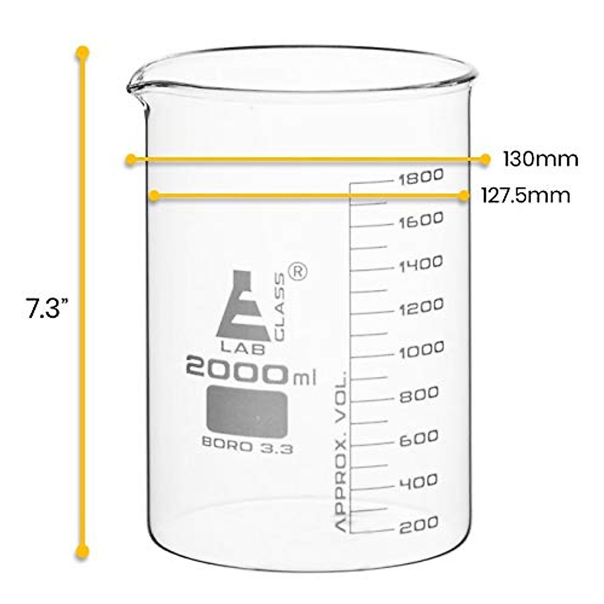 EISCO Beaker, 2000ml - Borosilicate Glass, Low Form, with Spout - 200ml Graduations