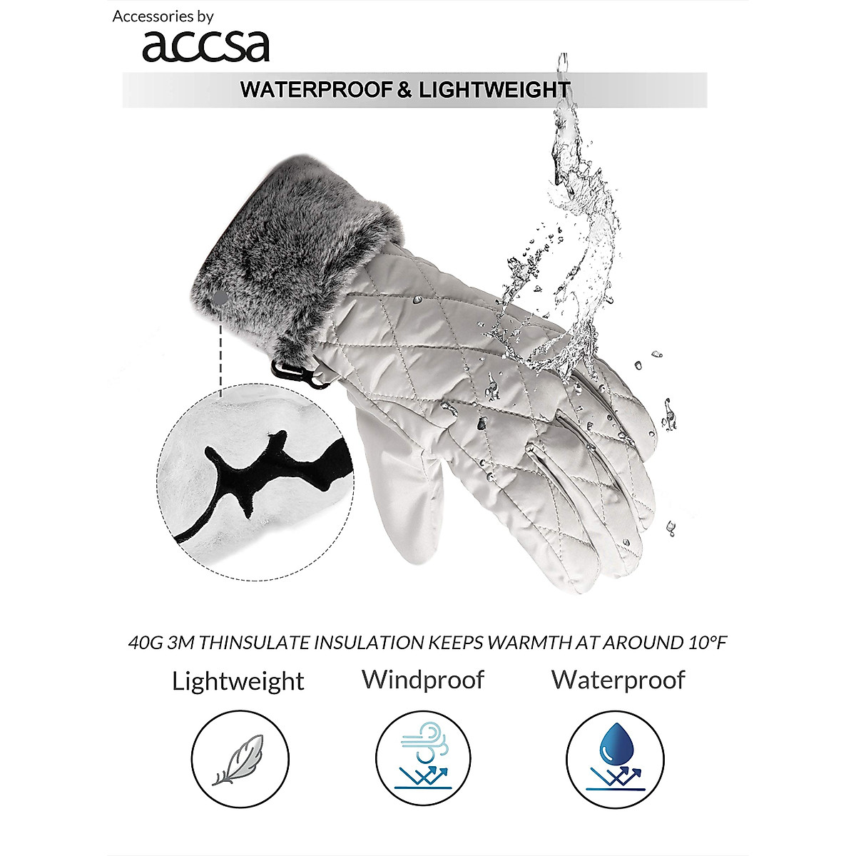 accsa Women Winter Ski Glove Waterproof 3M Thinsulate Warm Windproof Off-White M