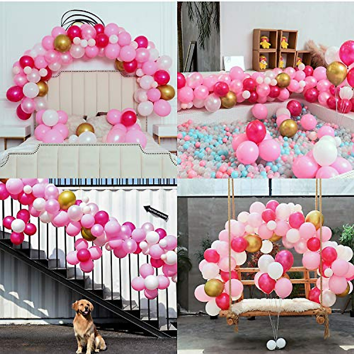 Pink Party Balloons 110 Pcs 12in Hot Pink & Gold Metallic Balloons Pearlescent Balloons Arch &Decorating Strip+Balloon Tying Tools+Points Stickers+Flower Clips+Silver Ribbons,Wedding, Shower, Party