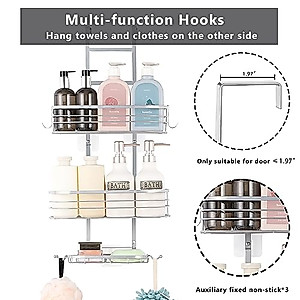 HEOMU Bathroom Over the Door Shower Caddy, Shower Organizer Shelves with 4 Hooks, Rustproof & Waterproof Shower Storage Rack for Shampoo, Conditioner, Soap, Bath Sponge, Silver