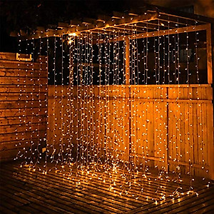 jar-owl Solar Curtain String Lights Waterproof 9.8FT*9.8FT 300 LED 8 Modes for Home /Garden /Patio Wedding /Christmas Party (Warm White)