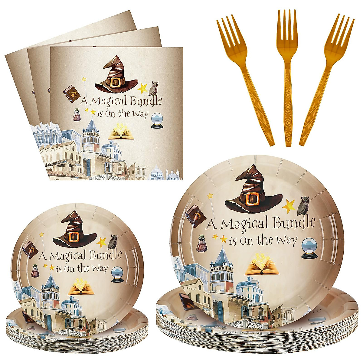 Sunnyray 96 Pieces Magical Wizard Baby Shower Plates and Napkins a Magical Bundle Is on the Way Baby Shower Party Supplies Dessert Plates Napkins Forks for 24 Guests