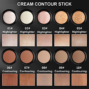 2Pcs Cream Contour Stick Makeup Kit, Cream Highlighter Stick and Bronzer Contour Stick with Longwear Waterproof Formula for Brightening and Trimming the Cheeks, Makeup Brush Include (#03, 09)