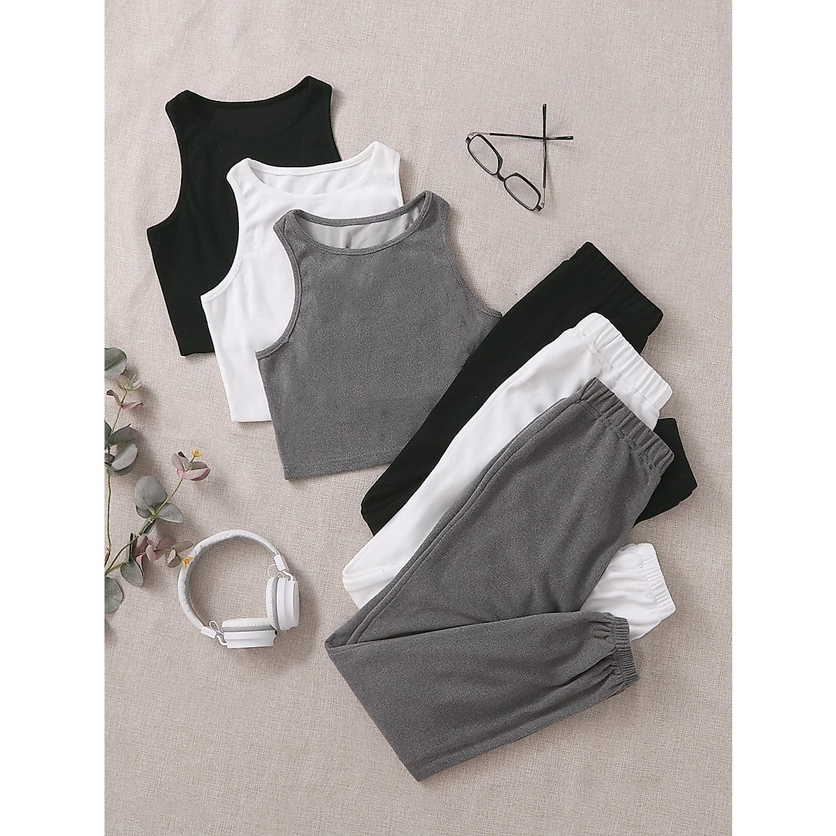 Verdusa Women's 6 Piece Lounge Sets Tracksuit Crop Tank Top and Sweatpants Grey Black White S
