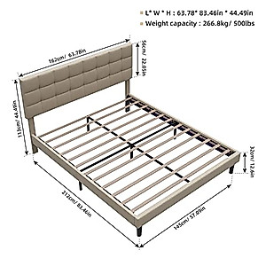 INCLAKE Queen Size Platform Bed Linen Upholstered Platform Bed Frame with RGB LED Lights and Adjustable Headboard Square Stitched Bed Frame, Wood Slats Support, No Box Spring Needed, Beige