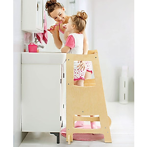 Toddler Step Stools for Kids, Toddler Tower Kids Step Stool with Safety Rail, 3 Heights Adjustable Toddler Kitchen Stool Helper, Kids Toddler Stool for Kitchen Counter Bathroom, Wooden