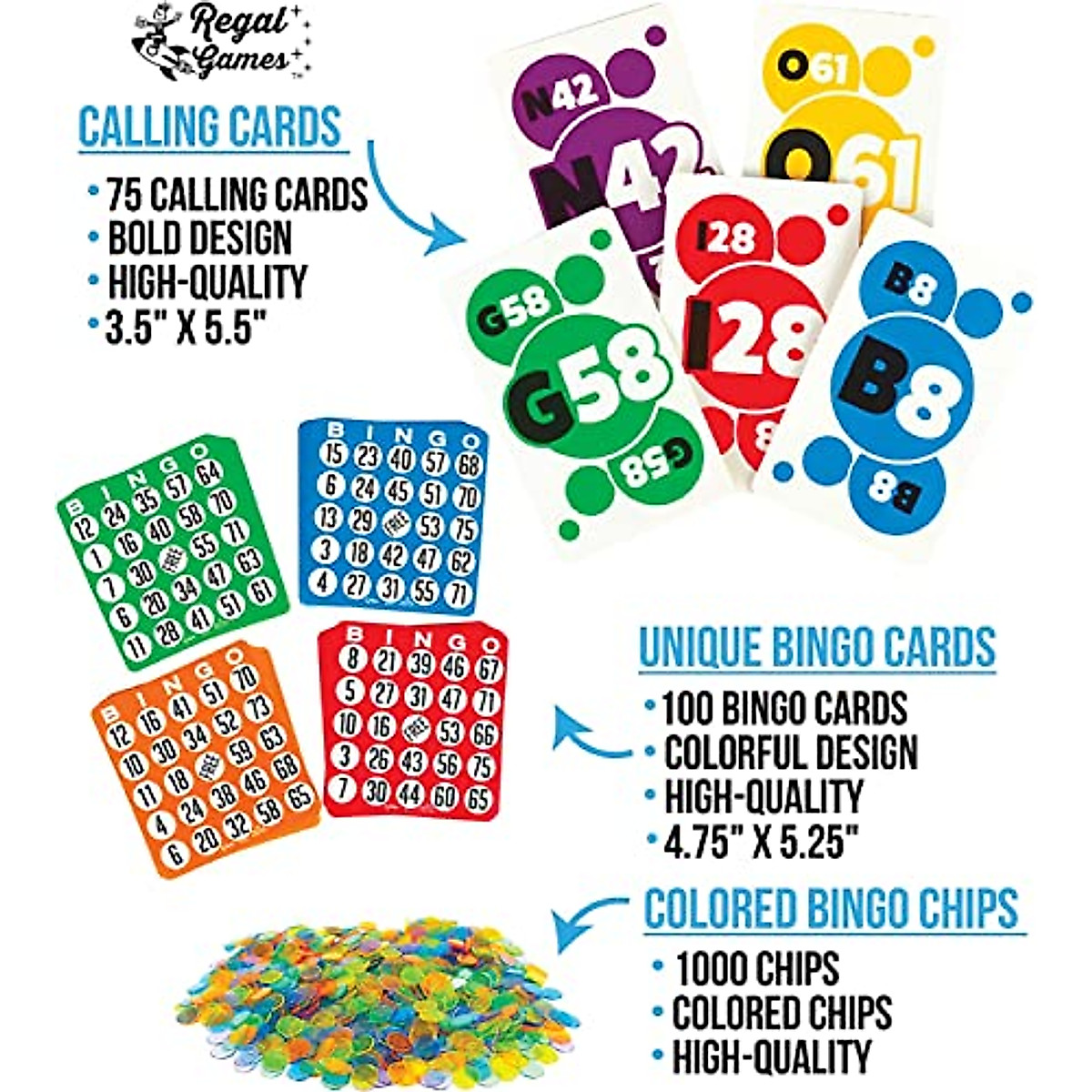 Regal Games - Family Bingo Bundle - Includes 100 Unique Bingo Cards, 75 Jumbo Calling Cards, 1000 Colorful Chips - Fun Family-Friendly Game - Ideal for Large Groups, Parties, Game Nights - Ages 8+