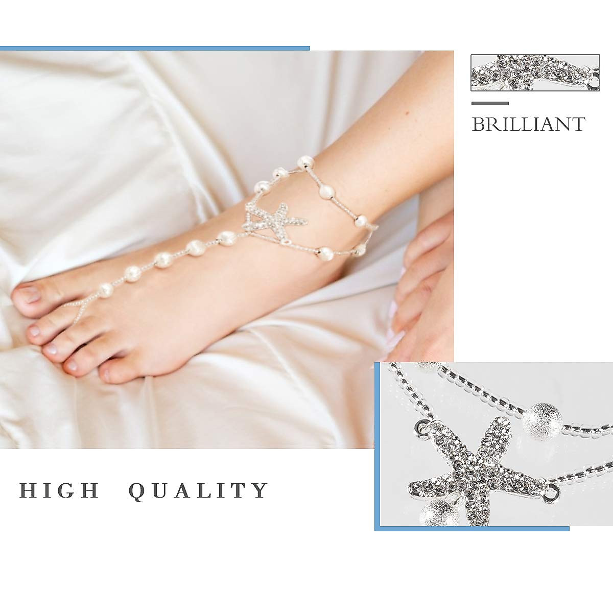 2 Pairs Barefoot Sandals- Beach Anklet Chain with Starfish for Women Lady's Beach Wedding Foot Jewelry Party Accessories (rhinestone+seastar)