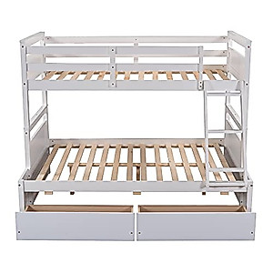 TARTOP Bunk Bed with Drawers, Twin Over Full Bunk Bed, Solid Wood Bunk Bed Frame with Ladders & 2 Storage Drawers, Bedroom Furniture,White
