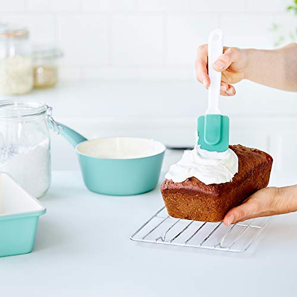 GreenLife Cooking Tools and Utensils, 5 Piece Nylon and Silicone Baking Set with Spatulas Wisk and Brush, Dishwasher Safe, Turquoise