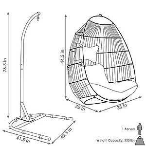 Sunnydaze Julia Hanging Egg Chair with Stand and Blue Cushions - Comfy Collapsible Outdoor Egg Chair Swing with Stand - Black Polyethylene Wicker Rattan Frame with Steel Stand - 76 Inches Tall