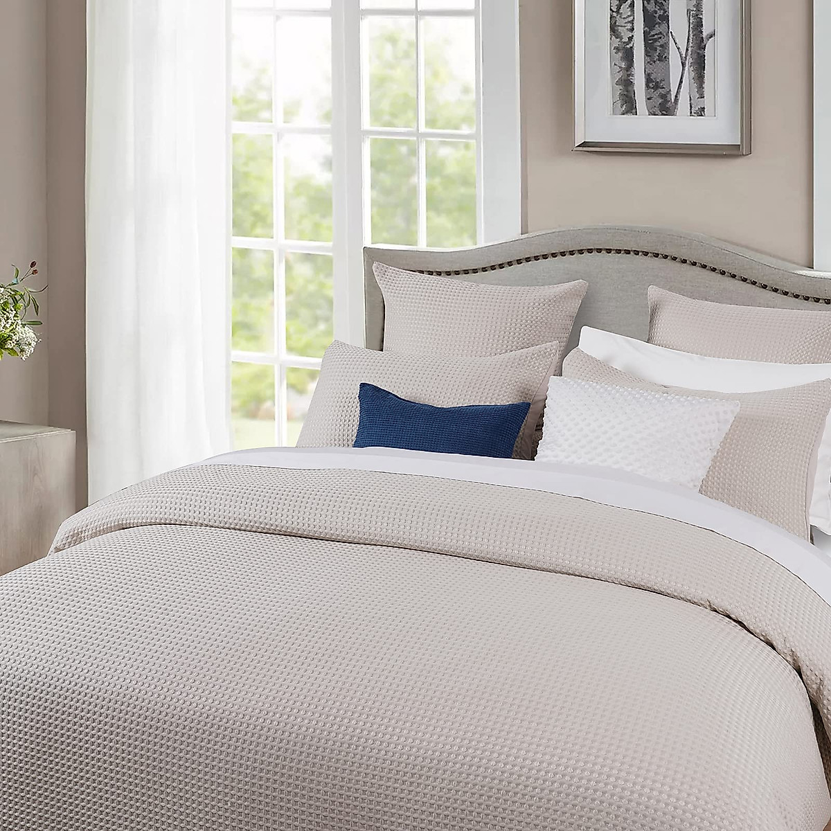 PHF Waffle Weave Duvet Cover Set Queen Size, 3PCS Washed Microfiber Boho Comforter Cover Set, Ultra Soft Comfy Duvet Cover with Pillow Shams Bedding Collection, 90"x90", Light Khaki