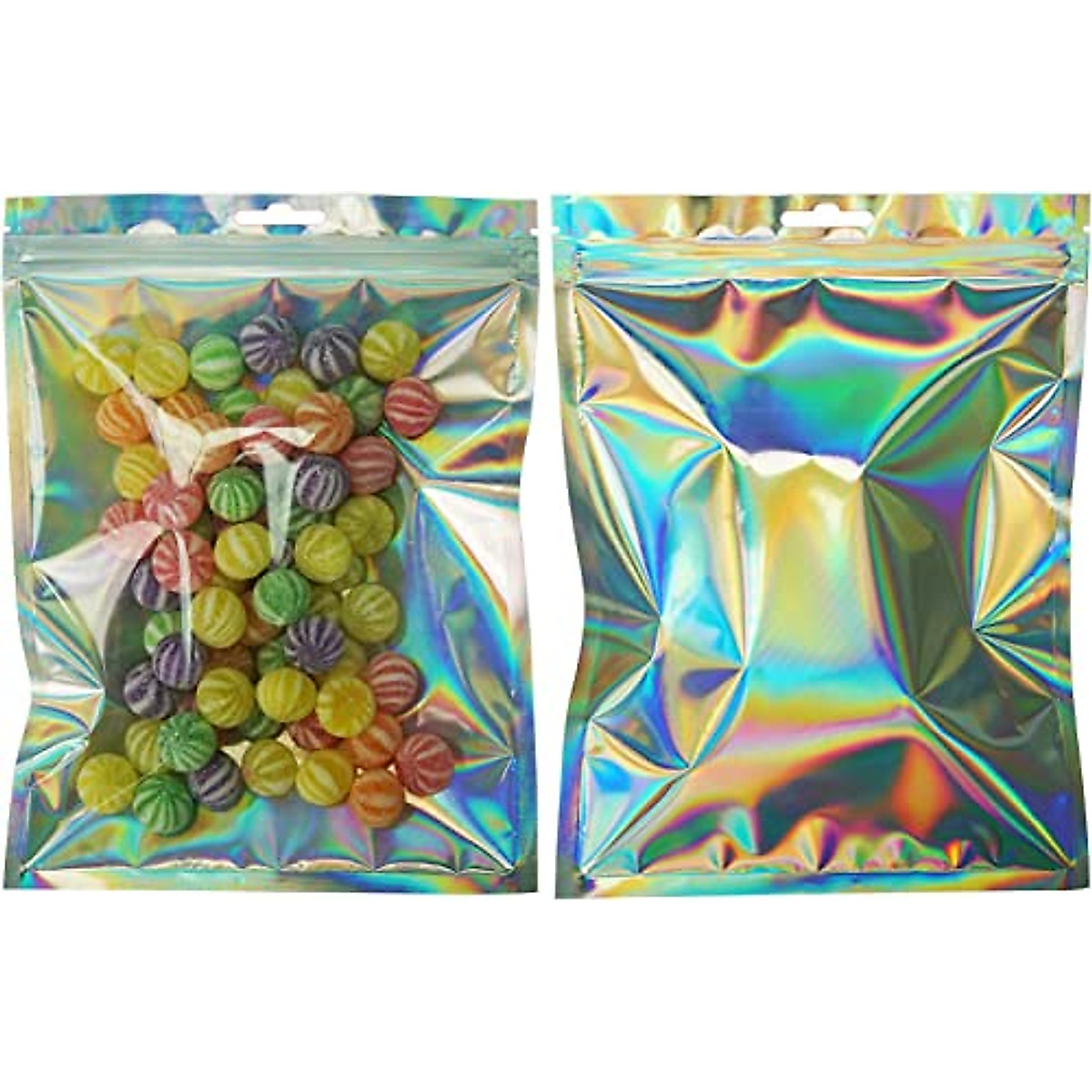YukaBa 100 Pieces Smell Proof Bags - 5.79x8.66 Inches Resealable Mylar Bags Clear Zip Lock Food Candy Storage Bags Holographic Rainbow Color
