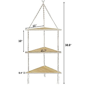 Mazjoaru Macrame Corner Shelves 3 Tier, Boho Handmade Woven White Rope Beige Hanging Floating Shelf Decor Display Storage Organizer for Bedroom Bathroom Office Living Room