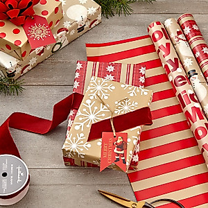 Hallmark Reversible Christmas Wrapping Paper (3 Rolls: 120 sq. ft. ttl) "Merry Holidays," Snowflakes, Snowmen, Red Stripes
