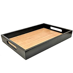 Bamboo Serving Tray with Handles (16" x 11" x 2") – Wood Serving Tray - Coffee Table Tray - Ottoman Tray - Decorative Display Tray In Black & Natural