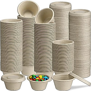 Hsei 400 Set 2oz Disposable Souffle Cups with Lids Bagasse Fiber Condiment Paper Cups Serving Sample Cups Mini Tasting Cups for Sauce Salad Snack Charcuterie Dessert Serving, Include 400 Cups 400 Lids