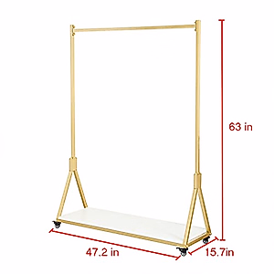 Ethemiable Clothing Store Modern Rolling Clothing Display Stands with Wheels,Storage Shoe Bag Pipe Shelf,Organization Garment Rack,Home Clothes Hanging Shelves（Gold with Wood Board, 47.2" L）