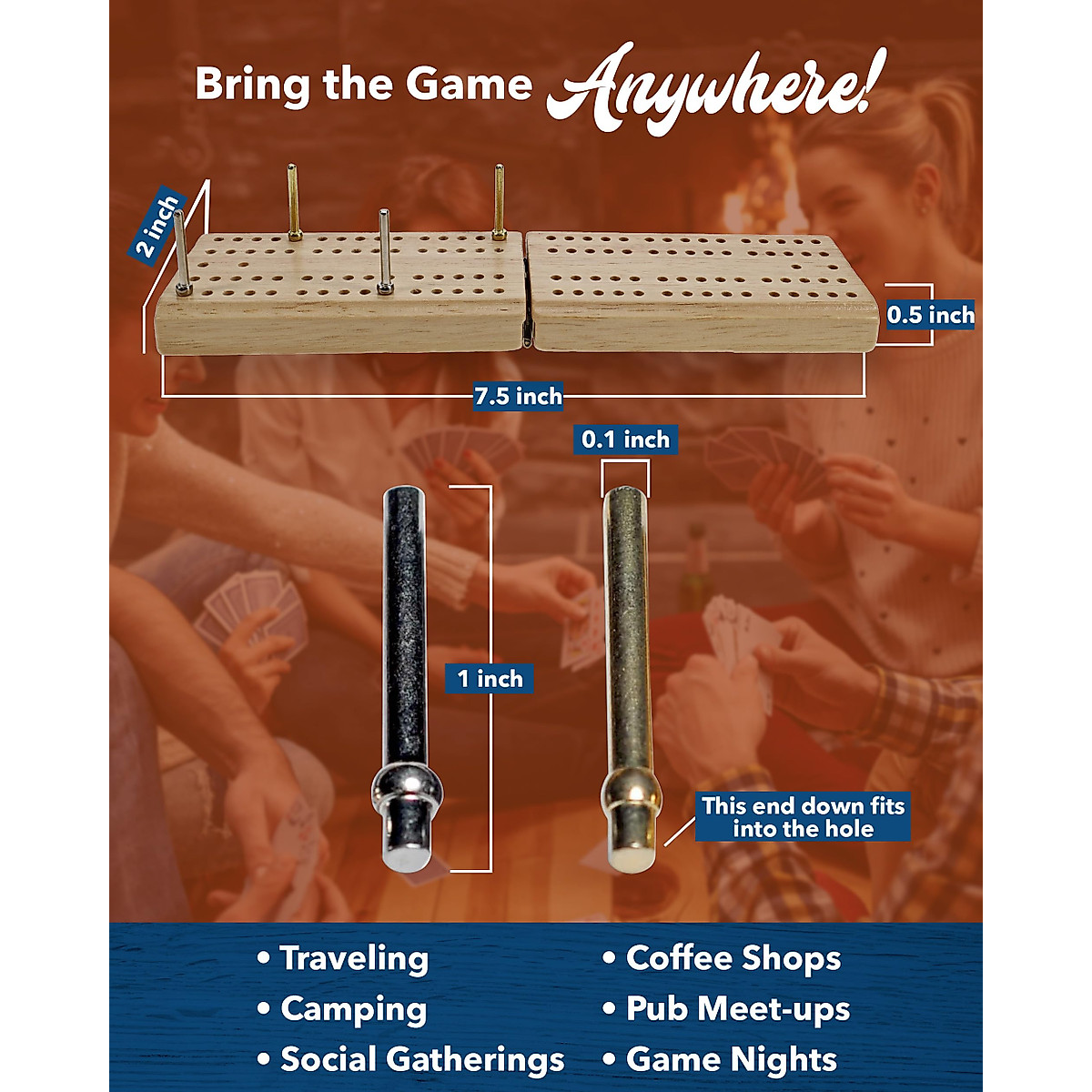 WE Games Cribbage Board Game Set, Travel Crib Board with Storage Slot and Drawstring Bag for Card Storage, Foldable 2 Track Cribbage Board with Cards, Metal Pegs and Dice, Mini Board Games